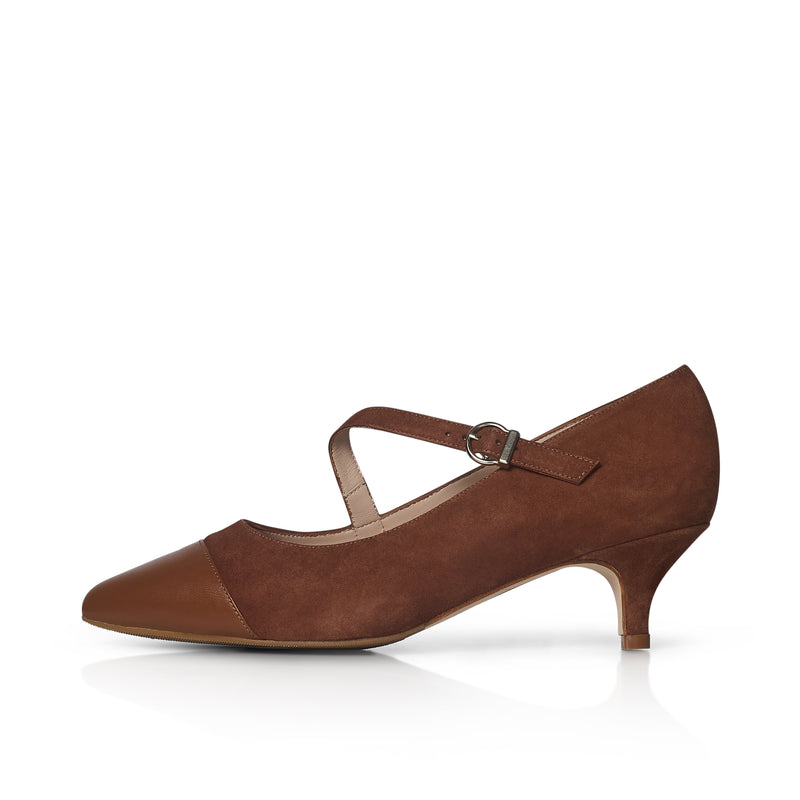Extra-Wide Fit Tan Suede Kitten Heels with buckle strap – Sargasso and Grey