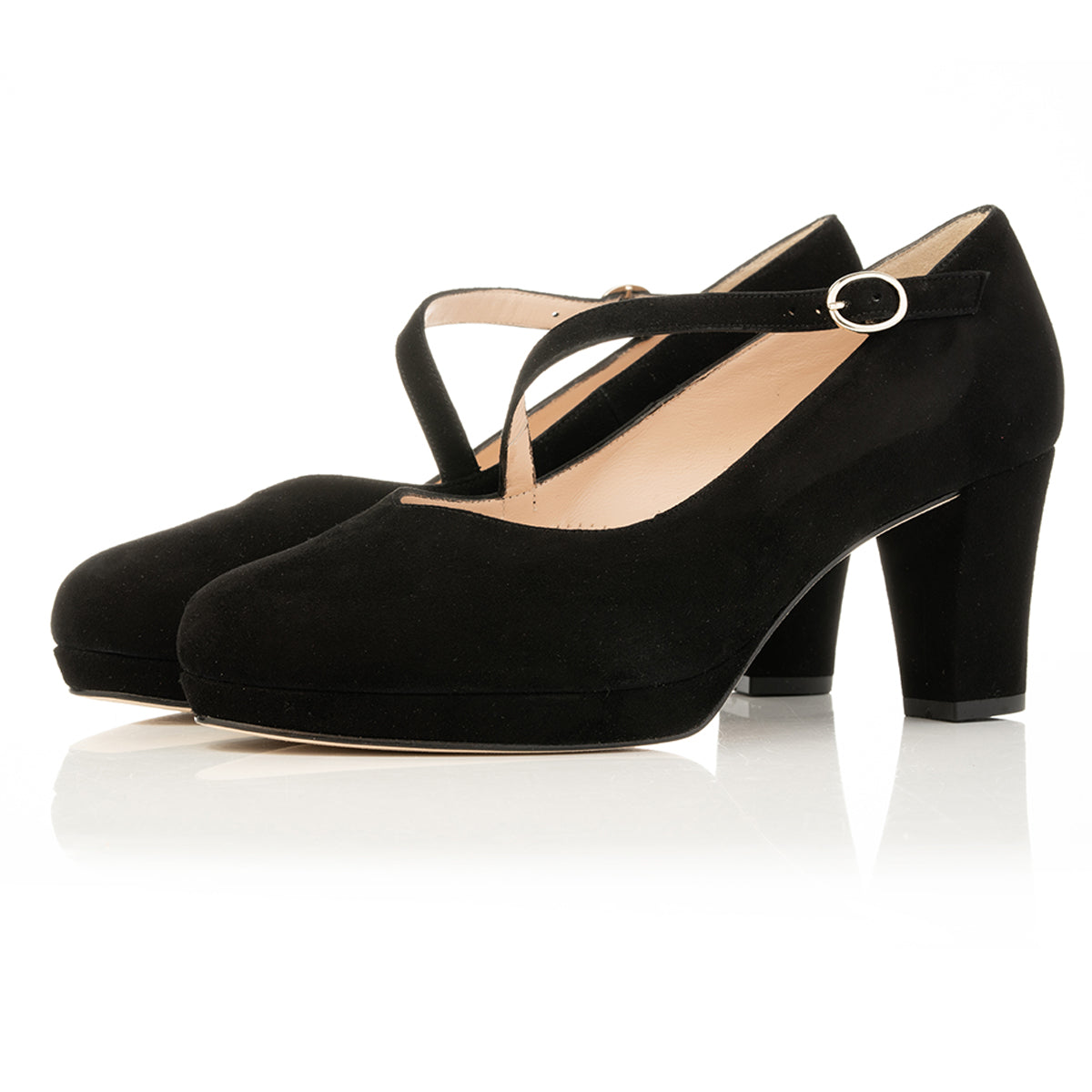 Wide Fit Black Suede Platform Court Shoe With Rounded Toe