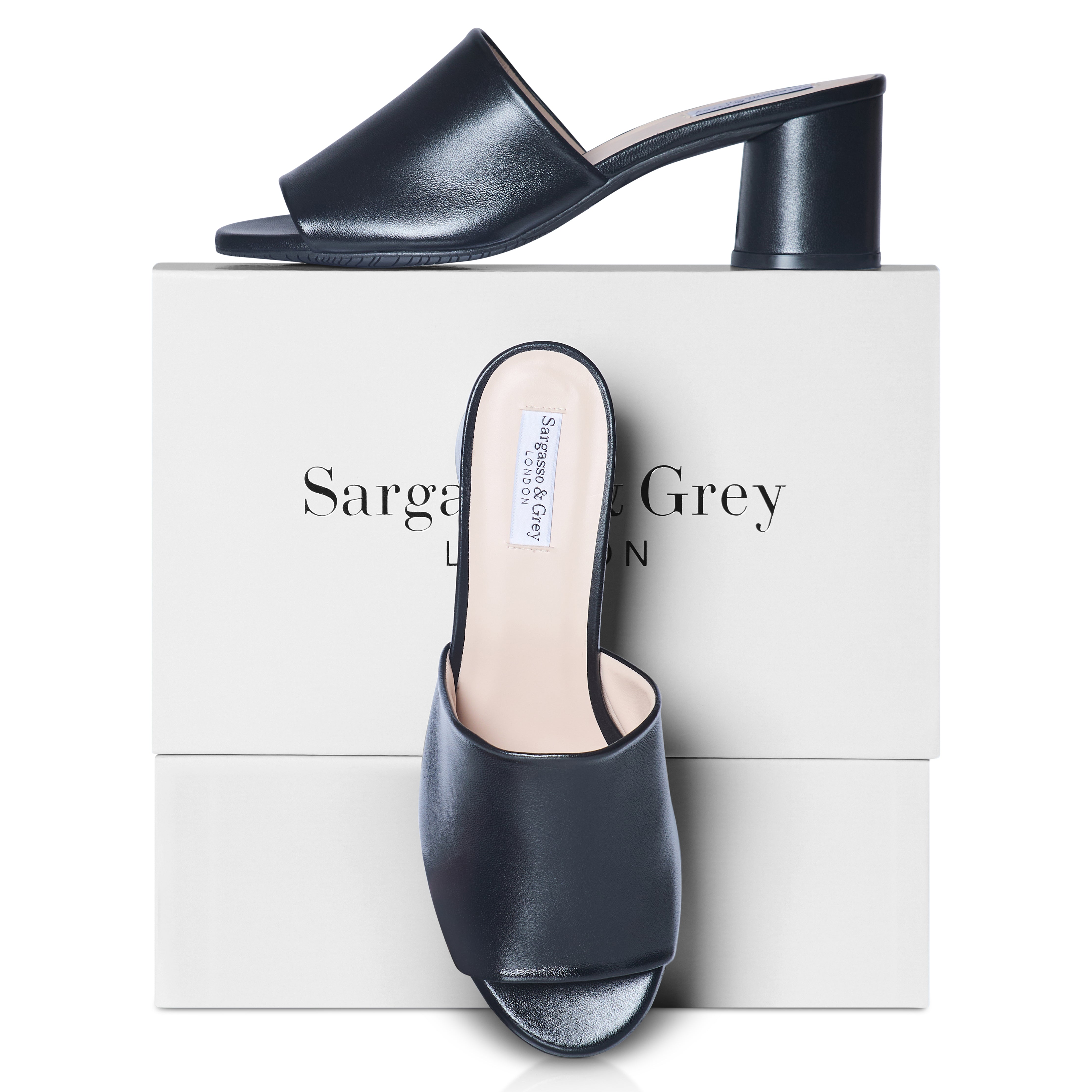 Black Leather Extra-wide Fit Heeled Mules – Sargasso and Grey