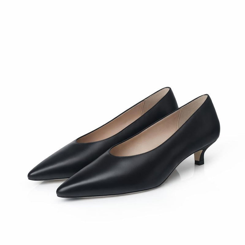 Extra-wide Fit Black Leather Kitten Heels – Sargasso and Grey